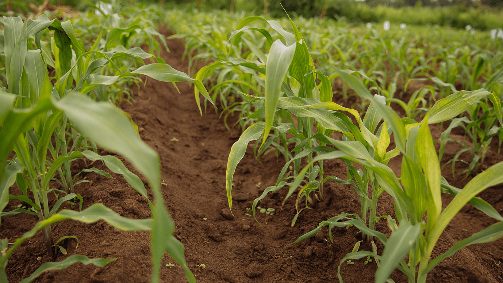 A close up view from ground-level at a corn field showing an example of ...